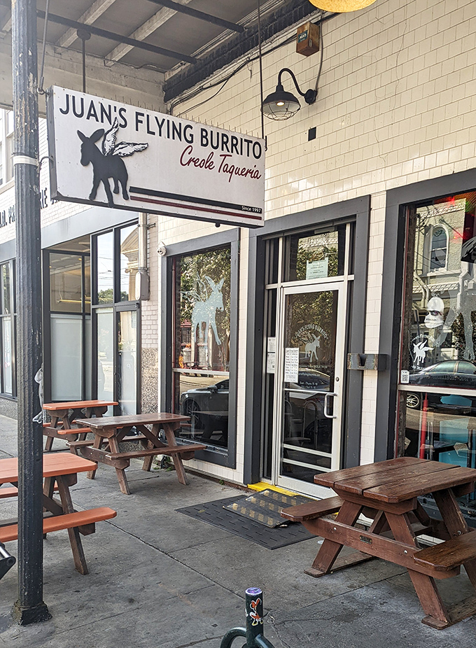 The iconic winged burrito mascot welcomes hungry pilgrims to this Magazine Street gem, where outdoor seating beckons on perfect New Orleans afternoons.