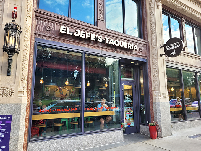 El Jefe's storefront commands attention on a historic Boston street, where modern Mexican flavors meet classic New England architecture. The boss of burritos awaits inside.