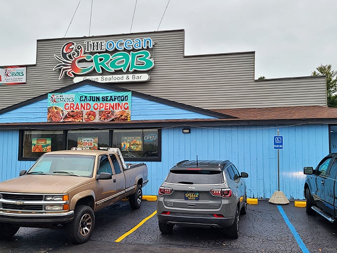 The bright blue exterior of King Ocean Crab stands out like a maritime beacon in landlocked Lansing, promising seafood treasures within.