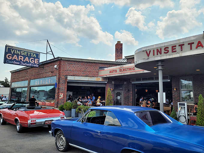 The classic service station facade of Vinsetta Garage stands as a monument to Detroit's automotive past while promising culinary delights within.