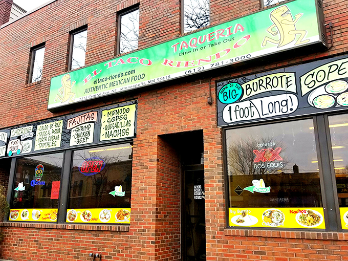 El Taco Riendo's vibrant storefront announces its presence with neon-bright menu boards that practically scream, "Yes, this is the real deal!"