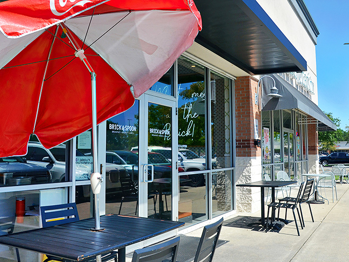 The unassuming storefront of Brick & Spoon might fool you, but those packed parking spaces tell the real story&mdash;breakfast treasures await inside.