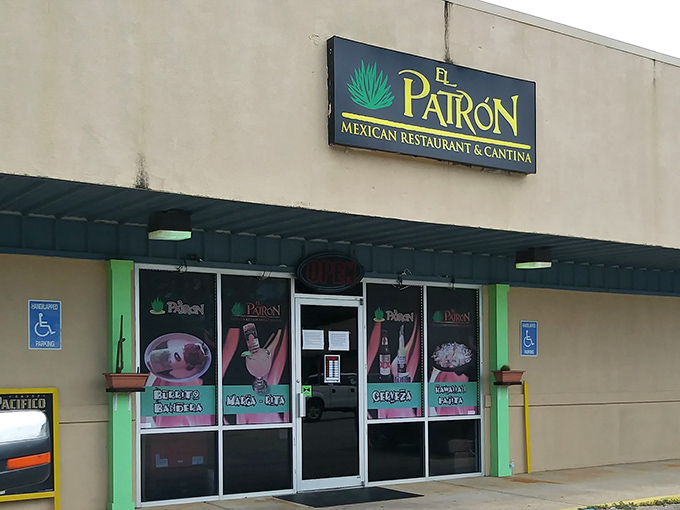 The unassuming storefront that launches a thousand cravings. El Patron's exterior promises authentic Mexican flavors hiding in plain sight on the Mississippi Gulf Coast.