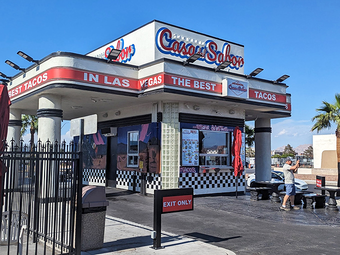 The retro-futuristic architecture of Casa del Sabor stands out like a beacon of hope for hungry travelers. Vegas knows good tacos don't need neon to shine.