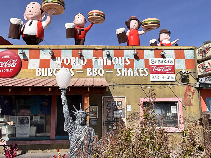 Where else but Sparky's would burger-wielding statues stand guard on the roof? This whimsical Hatch landmark proves great food and quirky charm make perfect roadtrip partners.
