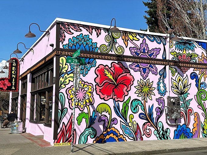 Portland's most eye-catching restaurant facade isn't hiding its personality. This vibrant mural is like a Mexican garden exploded onto the building&mdash;in the best possible way.