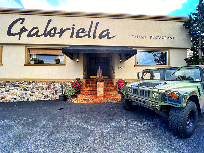 The unassuming exterior of Gabriella welcomes you with classic brick steps and that military-grade Humvee&mdash;clearly someone takes their garlic bread defense seriously!