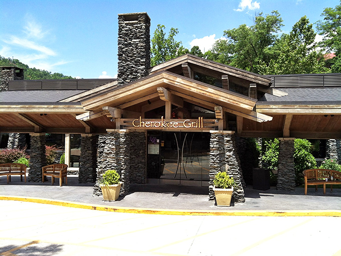 Stone pillars that mean business! Cherokee Grill's rustic mountain lodge exterior promises what every hungry traveler hopes for&mdash;authenticity with a side of comfort.