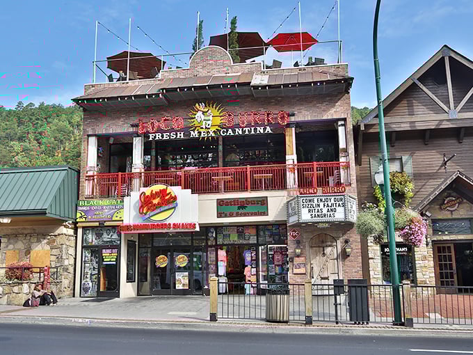 Loco Burro's exterior proudly announces its presence on Gatlinburg's main strip, with its festive fa&ccedil;ade promising Mexican revelry in the heart of mountain country.