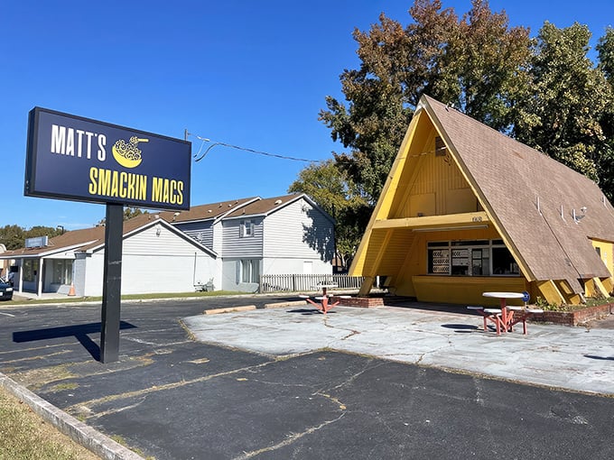 The bright orange A-frame building stands like a cheese-colored beacon of hope for comfort food enthusiasts across Newport News.