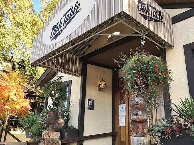 The timber-framed facade of Oak Table Cafe welcomes you like a breakfast hug. Those hanging flower baskets aren't just pretty&mdash;they're signaling that good taste awaits inside.