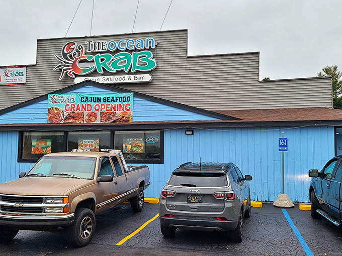 The bright blue exterior of King Ocean Crab stands out like a maritime beacon in landlocked Lansing, promising seafood treasures within.