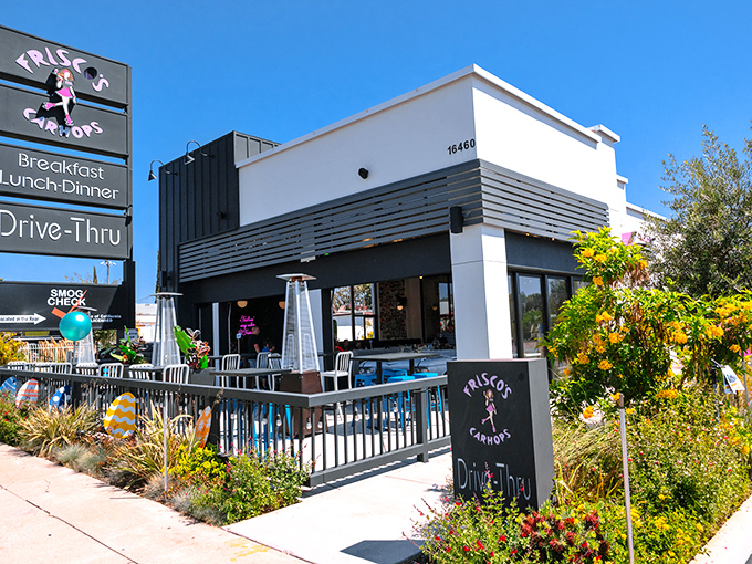 Frisco's sleek exterior blends modern design with retro flair, those pink balloons practically screaming "fun happens here" to everyone driving past.