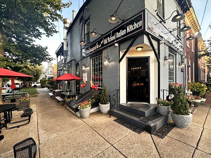 The blue-bricked charm of Scalessa's exterior, with its vibrant flower boxes and vintage lighting, promises an authentic Italian experience hiding in plain sight.