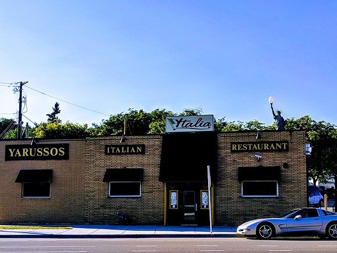 The unassuming exterior of Yarusso Bros stands like a culinary sentinel in St. Paul's East Side, promising Italian treasures within those brick walls.
