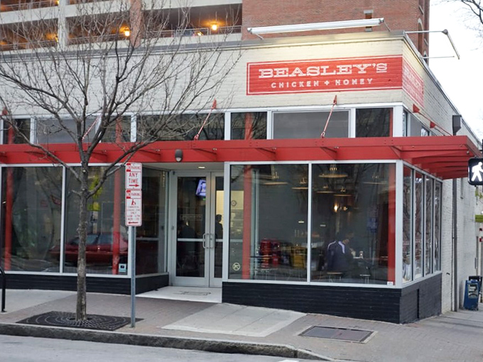 The unassuming storefront that launches a thousand chicken pilgrimages. Beasley's red awning signals you've arrived at fried chicken nirvana in downtown Raleigh.