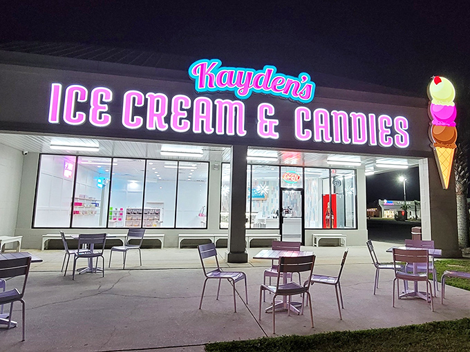 The neon glow of Kayden's at night is like a lighthouse for sweet-toothed sailors navigating the hunger seas of Orange Beach.