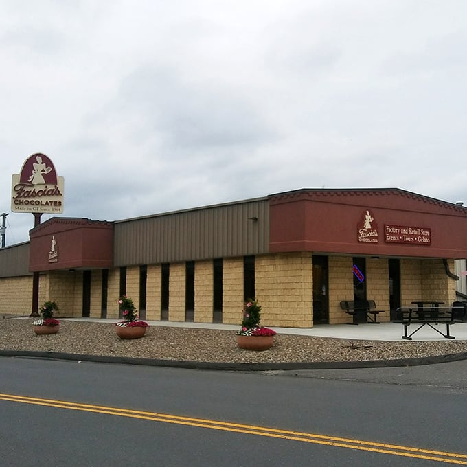 Fascia's Chocolates stands like a sweet sentinel on Chase River Road, its burgundy and tan exterior promising delicious treasures within.
