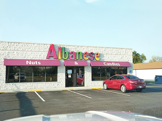The colorful Albanese storefront stands like a beacon of sweetness on an otherwise ordinary Indiana street. Sugar paradise awaits!