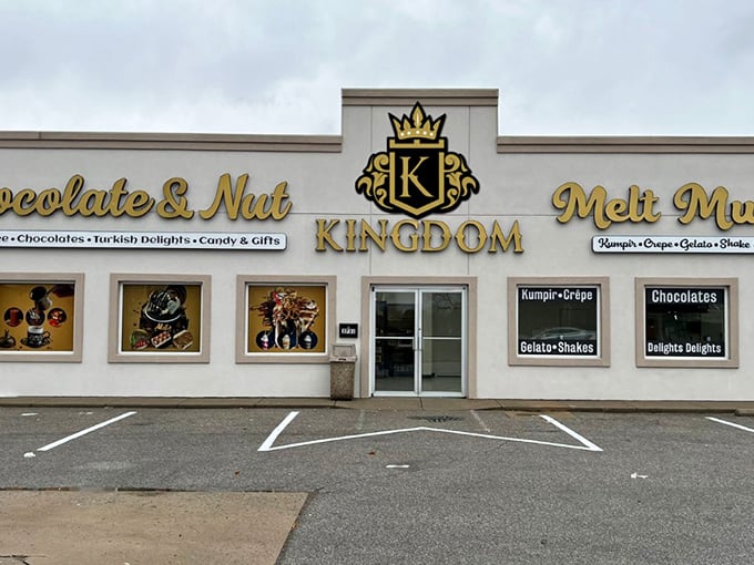 The royal treatment begins before you even step inside. Chocolate & Nut Kingdom's golden crown logo promises a majestic experience for your taste buds.