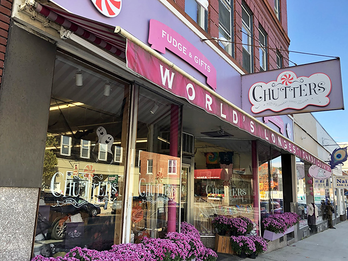 The candy kingdom announces itself with a bold pink awning and that famous claim to fame: "World's Longest Candy Counter." Sweet dreams are made of this.