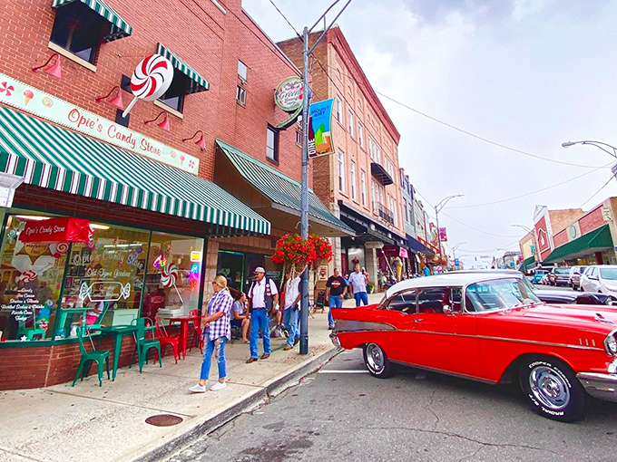 The storefront that launched a thousand sugar rushes! Opie's Candy Store beckons with its charming fa&ccedil;ade and promise of "Old Time Goodies" in downtown Mount Airy.
