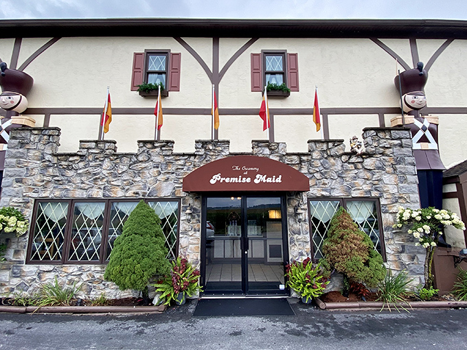 The charming Tudor-style facade of Premise Maid beckons like a fairytale cottage where calories don't count and chocolate dreams come true.