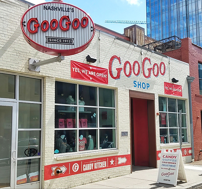 The white brick storefront with its vintage red signage stands like a sweet beacon in downtown Nashville, promising nostalgic delights within.