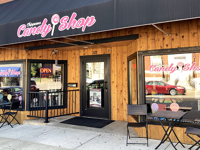 The wooden facade and pink neon sign of Chippewa Candy Shop beckon like a sweet siren call to your inner child.