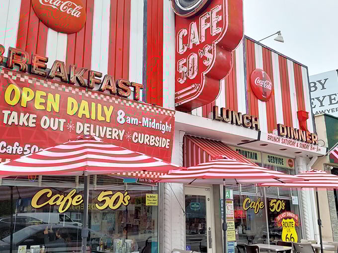 The iconic red and white striped fa&ccedil;ade of Cafe 50's beckons like a time portal on Santa Monica Boulevard. It's not just a meal&mdash;it's a journey.