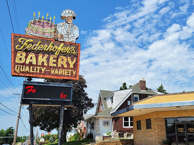 That vintage sign with the chef holding a birthday cake isn't just advertising &ndash; it's a St. Louis landmark promising sweet salvation ahead.