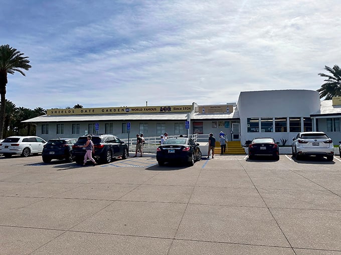 The unassuming exterior of Shields Date Garden in Indio hides culinary treasures within. Desert palm trees stand guard over this California institution.