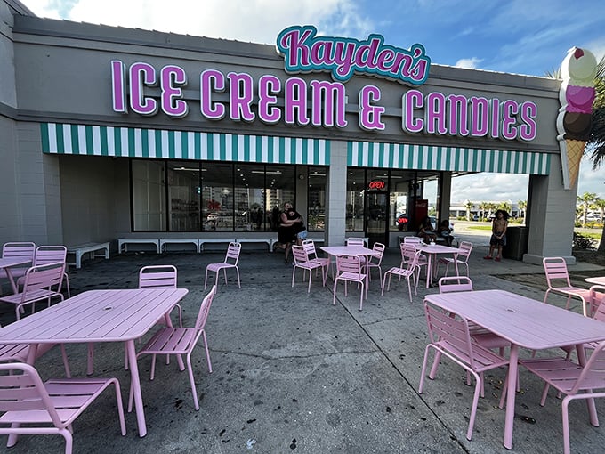 The neon glow of Kayden's at night is like a lighthouse for sweet-toothed sailors navigating the hunger seas of Orange Beach.