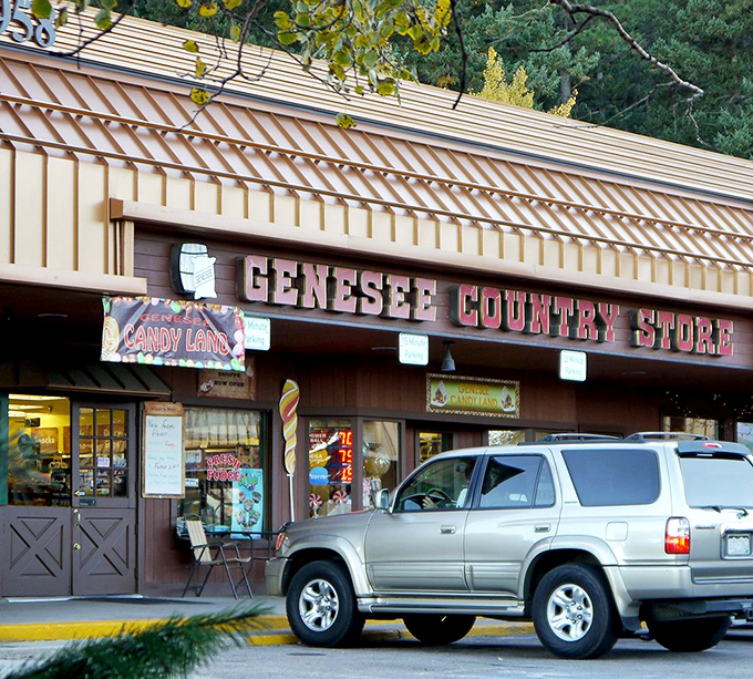 The unassuming wooden facade of Genesee Country Store hides a wonderland of sweetness within, like finding Narnia in your grandparents' closet.