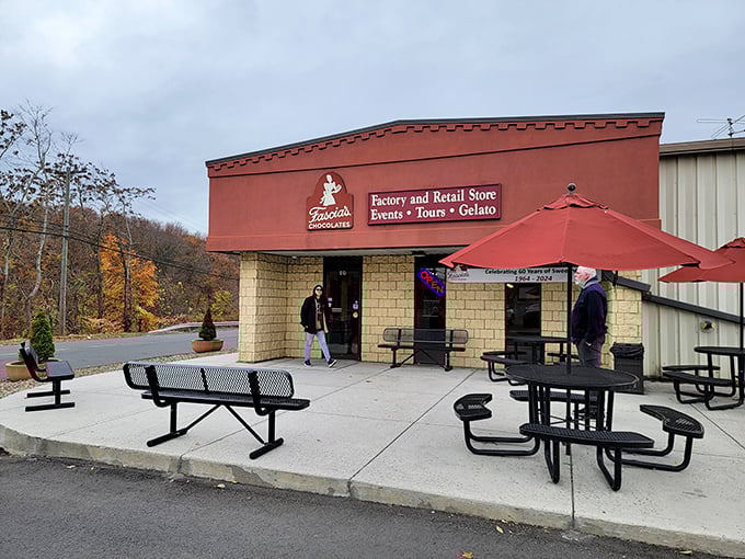 Fascia's Chocolates stands like a sweet sentinel on Chase River Road, its burgundy and tan exterior promising delicious treasures within.