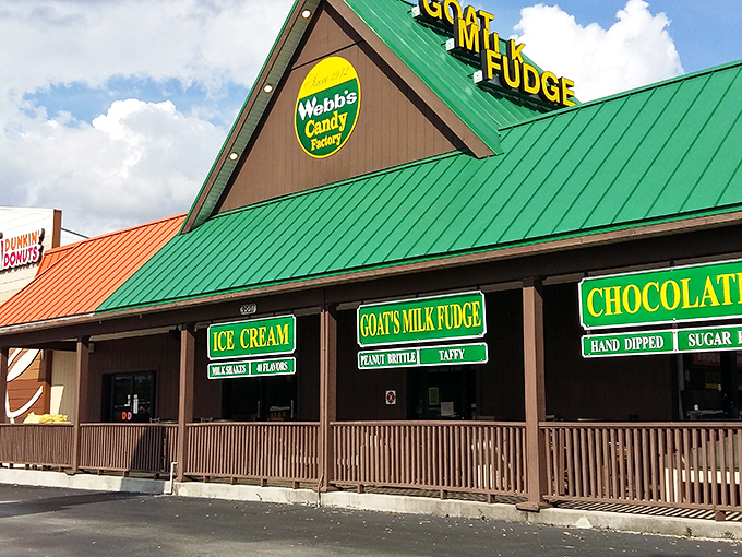 The iconic A-frame building of Webb's Candy stands like a sweet mirage on the Florida landscape, promising goat milk fudge and citrus delights inside.