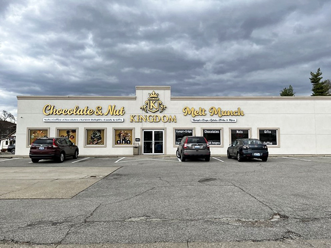 The royal treatment begins before you even step inside. Chocolate & Nut Kingdom's golden crown logo promises a majestic experience for your taste buds.