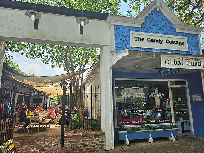The blue cottage beckons like a sweet mirage among Ocean Springs' oak trees, promising childhood memories and sugar-fueled adventures inside.