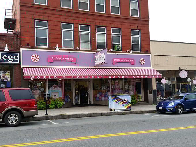 The candy kingdom announces itself with a bold pink awning and that famous claim to fame: "World's Longest Candy Counter." Sweet dreams are made of this.