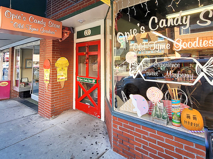 The storefront that launched a thousand sugar rushes! Opie's Candy Store beckons with its charming fa&ccedil;ade and promise of "Old Time Goodies" in downtown Mount Airy.