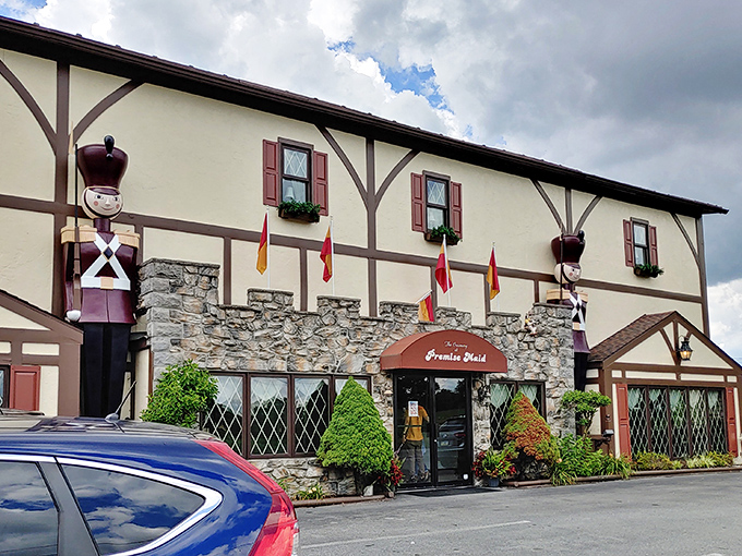 The charming Tudor-style facade of Premise Maid beckons like a fairytale cottage where calories don't count and chocolate dreams come true.