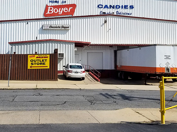 The unassuming exterior of Boyer Candy Company&mdash;proof that the most magical places don't always wear fancy outfits. Sweet treasures await inside!