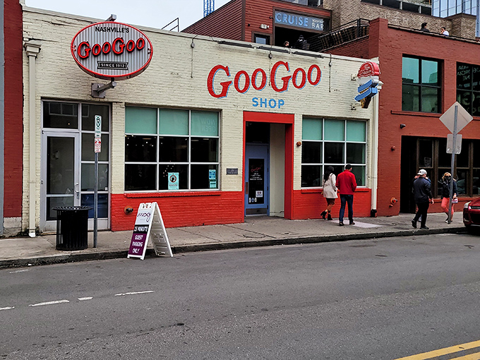 The white brick storefront with its vintage red signage stands like a sweet beacon in downtown Nashville, promising nostalgic delights within.