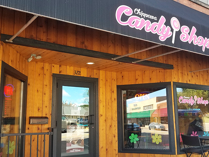 The wooden facade and pink neon sign of Chippewa Candy Shop beckon like a sweet siren call to your inner child.