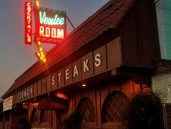 The Venice Room stands proudly on Garvey Avenue, its brick facade and "LUNCH STEAKS" sign a time-honored beacon for hungry locals since the Mad Men era.