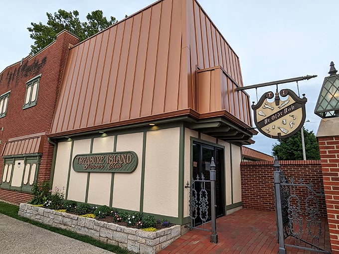 The copper-topped entrance to Treasure Island stands like a sentinel of good taste, promising old-school delights within those brick walls.