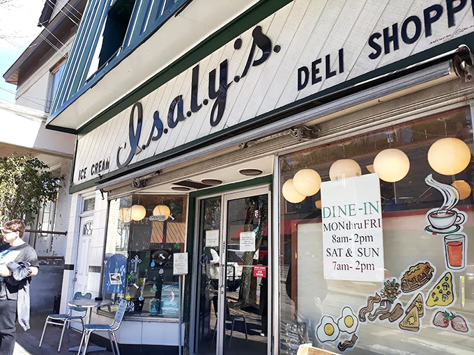 The classic storefront beckons like an old friend, complete with American flag and wooden bench &ndash; nostalgia served daily alongside the chipped ham.