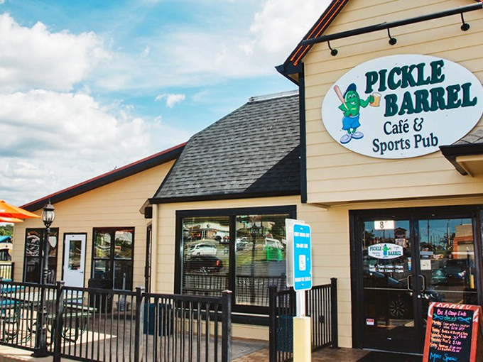 The cheerful pickle mascot welcomes you like an old friend. This tan façade houses culinary treasures that'll make your taste buds do a happy dance.