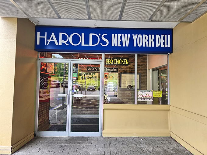 The unassuming entrance to Harold's New York Deli belies the colossal culinary feats waiting inside. Like finding a treasure chest disguised as a mailbox.