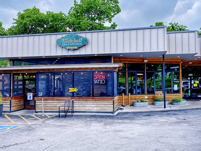 Mitchell Delicatessen's unassuming exterior hides a sandwich paradise within. That teal sign is like a beacon for hungry Nashville locals in the know.